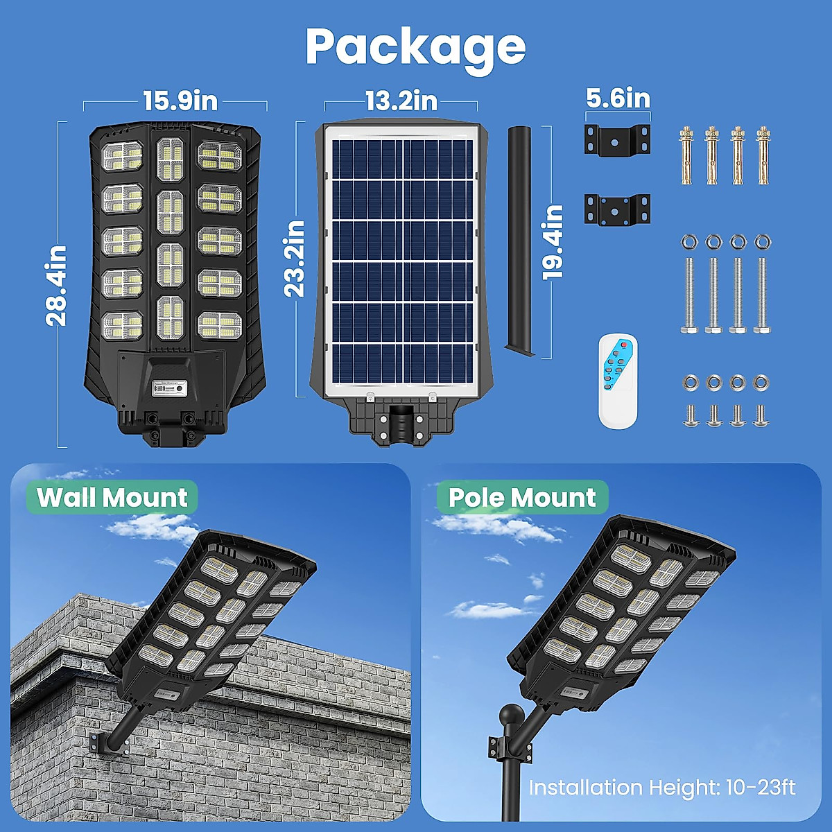 8000W Solar Street Lights Outdoor, Wide Angle Solar Powered LED Light Outside, 50000 mAh Hi-capacity Battery Flood Lamp Dusk to Dawn, Remote Control, Motion Sensor, IP67 Waterproof, Pole or Wall Mount
