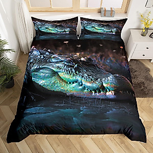 Feelyou Crocodile Comforter Cover Alligator Pattern Bedding Set Wild Animal Theme Duvet Cover for Children Kids Boys Girls Wildlife Style Decor Microfiber Bedspread Cover Room Decor Twin Size