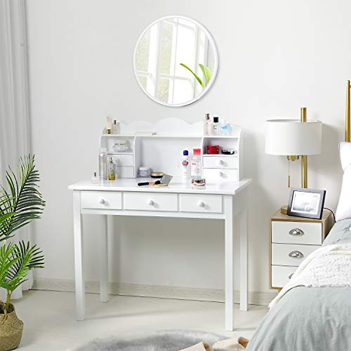 ADORNEVE Writing Desk with 7 Drawers, Home Office Desk with Hutch,Student Desk Study Table, Small White Desk, Solid Pine Wood Legs