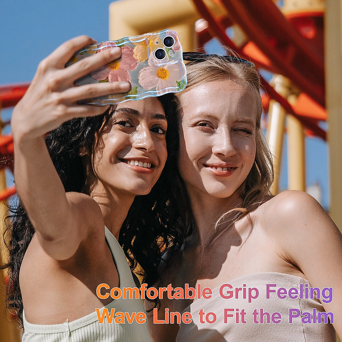 EYZUTAK Case for iPhone 14, Colorful Retro Oil Painting Printed Flower Laser Beam Glossy Pattern Cute Curly Waves Border Exquisite Phone Cover Stylish Durable TPU Protective Case for Girls Women-Green