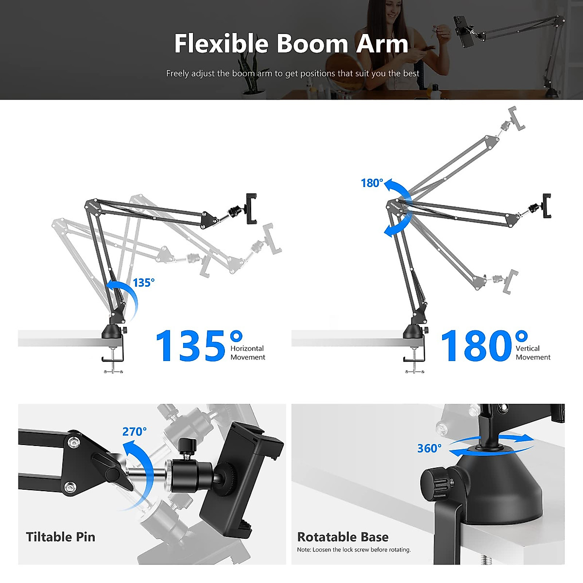 Neewer Overhead Phone Mount Stand, Suspension Scissor Arm Stand with Enlarged Desk Mount C Clamp, Phone Holder and Ball Head for Live Streams, Zoom Calls, Remote Working, Online Teaching, Selfies