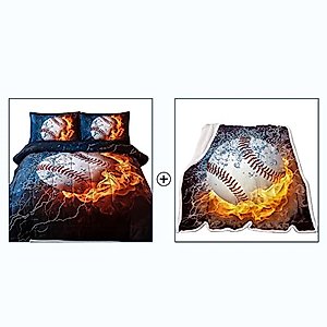 A Nice Night Baseball with Fire Print Comforter Quilt Set and Sherpa Fleece Blanket Twin Size Plush Throw Blanket Fuzzy Soft Blanket Microfiber