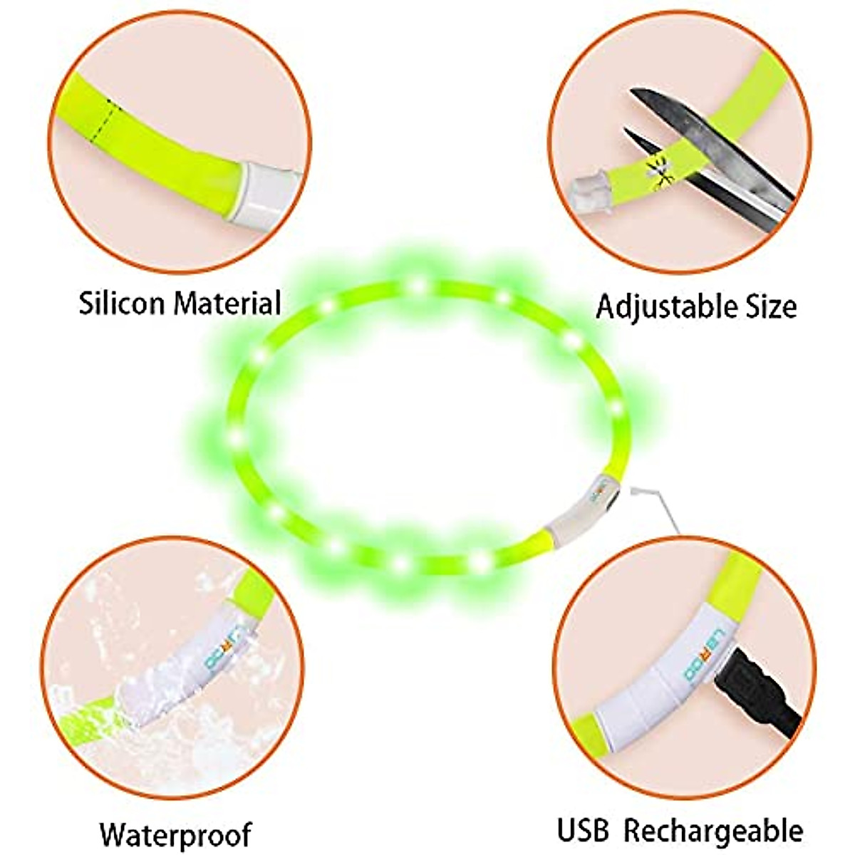 LaRoo LED Light Up Dog Collar, Cutable Silicon USB Rechargeable Glow Light Collar for All Dogs, Waterproof 3-Modes Flashing Dog Collar for Dark Outdoor Training Playing (27.5 inch/70cm)
