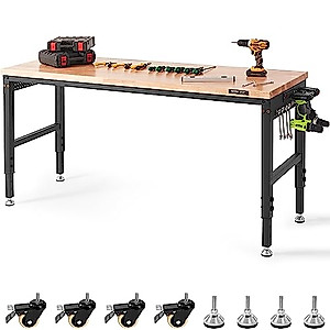 VEVOR Adjustable Workbench, 72" L X 25" W Garage Worktable with Universal Wheels, 28-39.5" Heights & 3000 LBS Load Capacity, with Power Outlets & Hardwood Top & Storage & Foot Pads, for Office Home