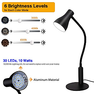CeSunlight LED Desk Lamp, 3 Lighting Modes and 6 Brightness Levels, 10W Flexible Gooseneck Table Lamp for Living Room and Study, Remote Control with Timing Function, AC Adapter Included (Black)