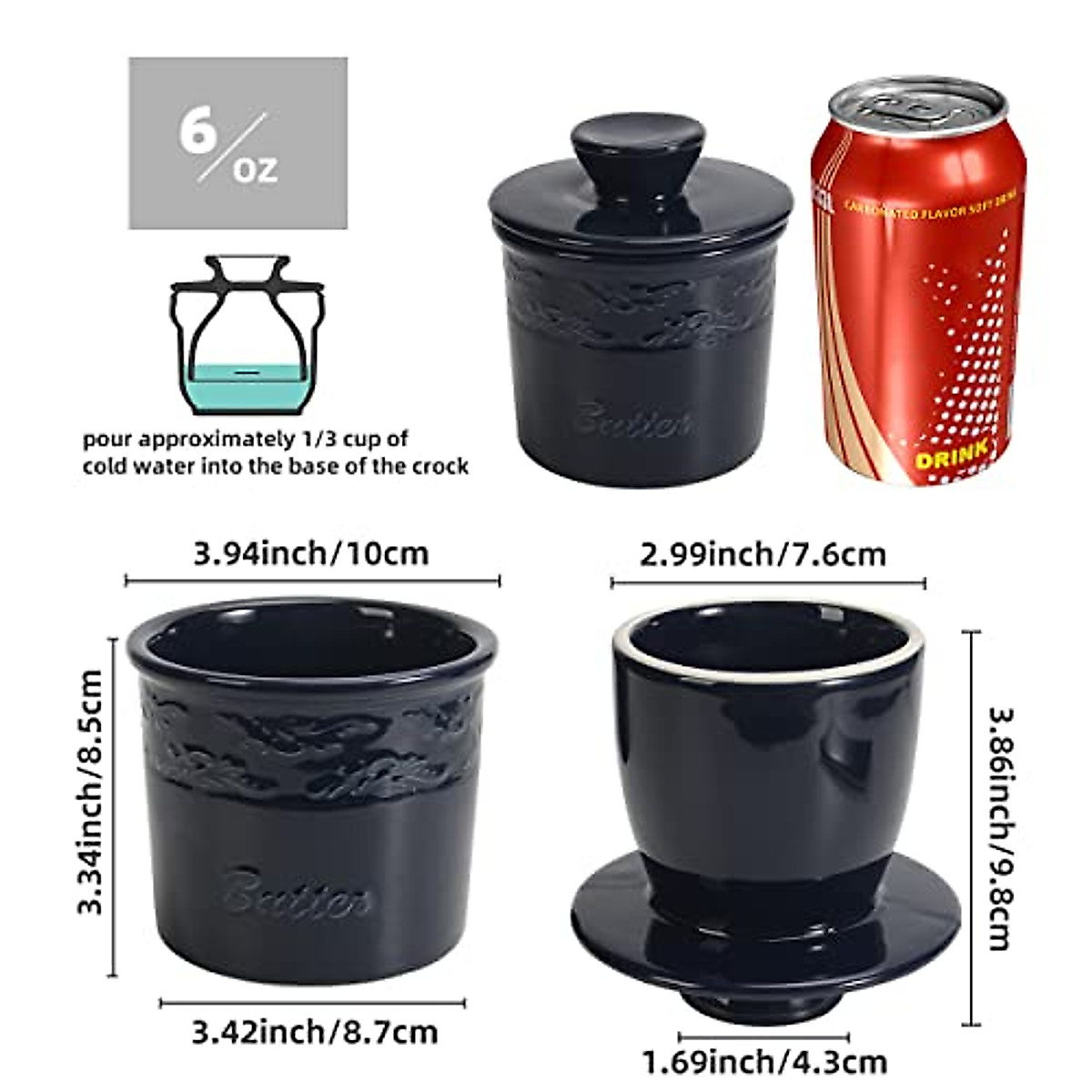 SGAOFIEE Porcelain Butter Crock, Butter Keeper Dish, French Ceramic Crock with Lid, Countertop French Ceramic Butter Dish Keeper for Spreadable Butter, Navy