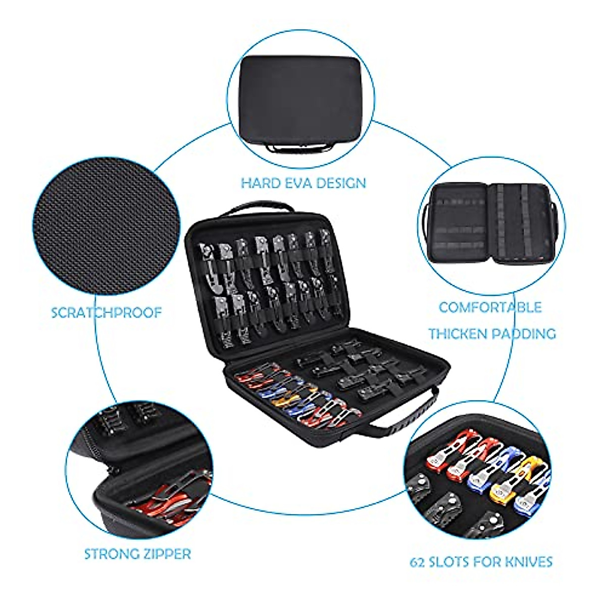 Pocket Knife Display Case with 62 Slots, Knife Case, Folding Knife Holder Organizer, Knife Storage Carrier, Knives Collection Protector for Survival Tactical Outdoor EDC Mini Knife