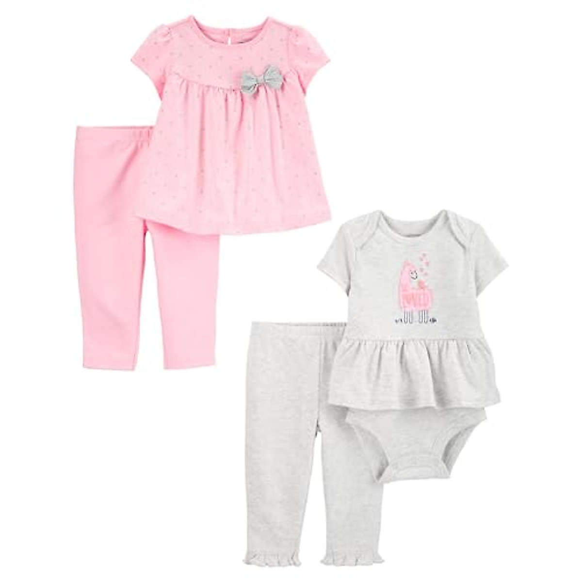 Simple Joys by Carter's Baby Girls' 4-Piece Bodysuit, Top, and Pant Set, Grey Heather Llama/Pink Polka Dot, 18 Months