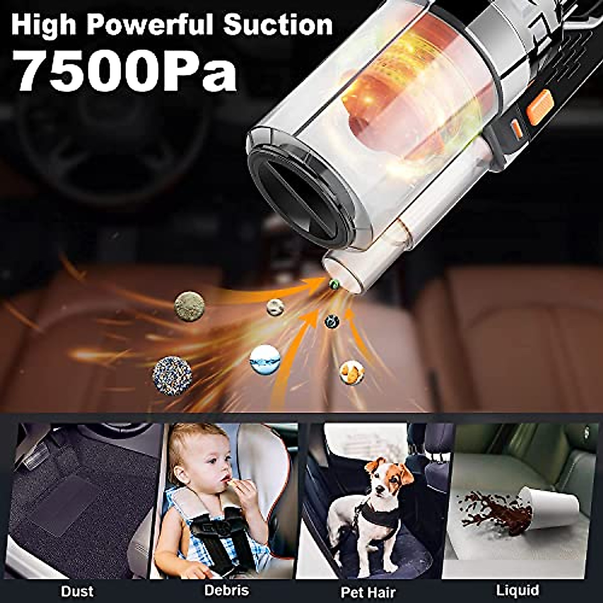 WMDA Car Vacuum, Portable Car Vacuum Cleaner High Power 150W/7500Pa for Car Interior Cleaning Kit with Wet or Dry for Men/Women, 16.4Ft Corded (Black)