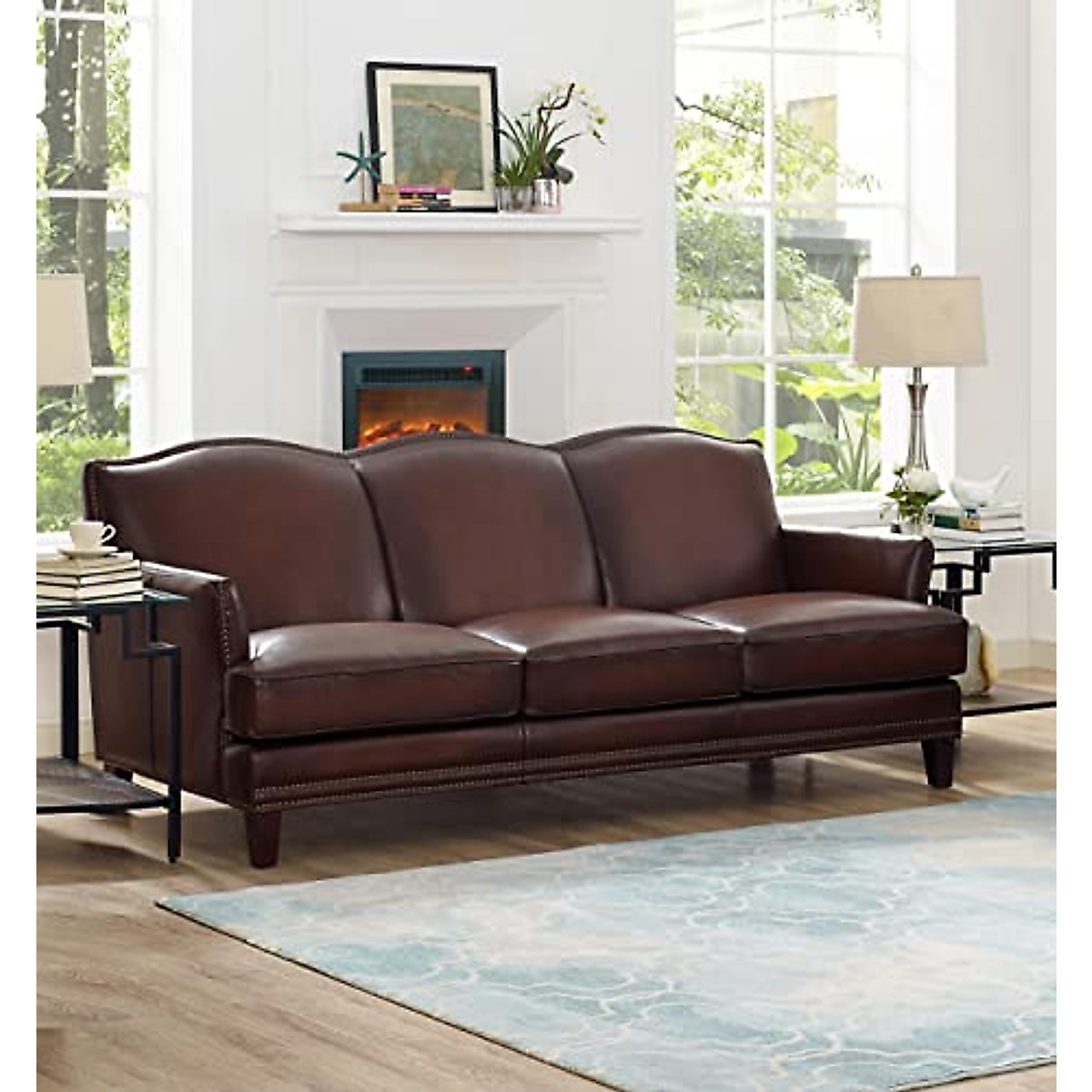 Hydeline Oxford Top Grain Leather Sofa Couch, 86", Caramel Brown