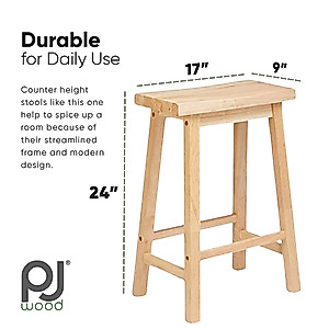 PJ Wood 24 Inch High Easy to Maintain Single A Frame Classic Bar Stool Saddle-Seat with Built in Bars as Footrests, Natural Wood
