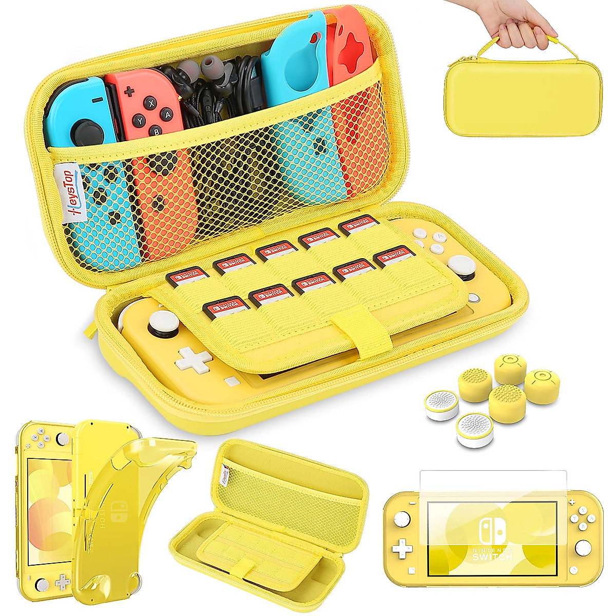 HEYSTOP Compatible with Switch Lite Carrying Case, Switch Lite Case with Soft TPU Protective Case Games Card 6 Thumb Grip Caps for Nintendo Switch Lite Accessories Kit(Yellow)