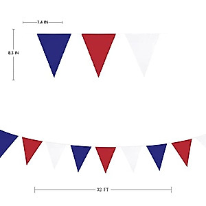 32Ft Red Blue White Banner Party Decorations Fabric Pennant Triangle Flag Bunting Garland for Patriotic 4th of July USA American Independence National Day Graduation Birthday Wedding Outdoor Decor