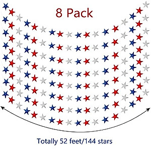 Patriotic Star Streamers Banner Garland Decorations for 4th of July Red White Blue Hanging Stars Banner Memorial Day Independence Day Celebration Veterans Day Party Decorations, 8 Pack