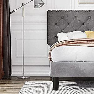 HOMBCK Upholstered Bed Frame Full with Velvet Button Tufted & Nailhead Trim Headboard, Full Bed Frame No Box Spring Needed, Wooden Slats Support, Mattress Foundation, Easy Assembly, Grey