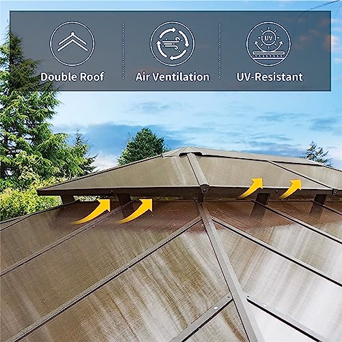 UBGO 12x16ft Outdoor Gazebo,Permanent Hardtop Gazebo with Curtain and Net,Aluminum Gazebo Pavilion with Polycarbonate Double Roof,for Garden, Patio, Lawns, Deck, Backyard, Wood Looking-Brown