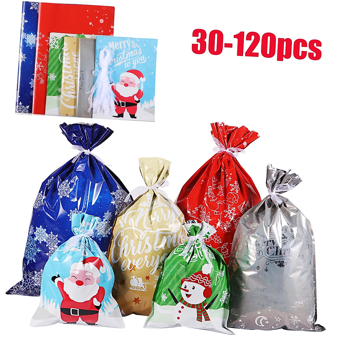 Christmas Bags Large Size Christmas Wrapping Assorted Styles Christmas Goody Bags with Ribbon Ties for Christmas Party Xmas Holiday 30PCS