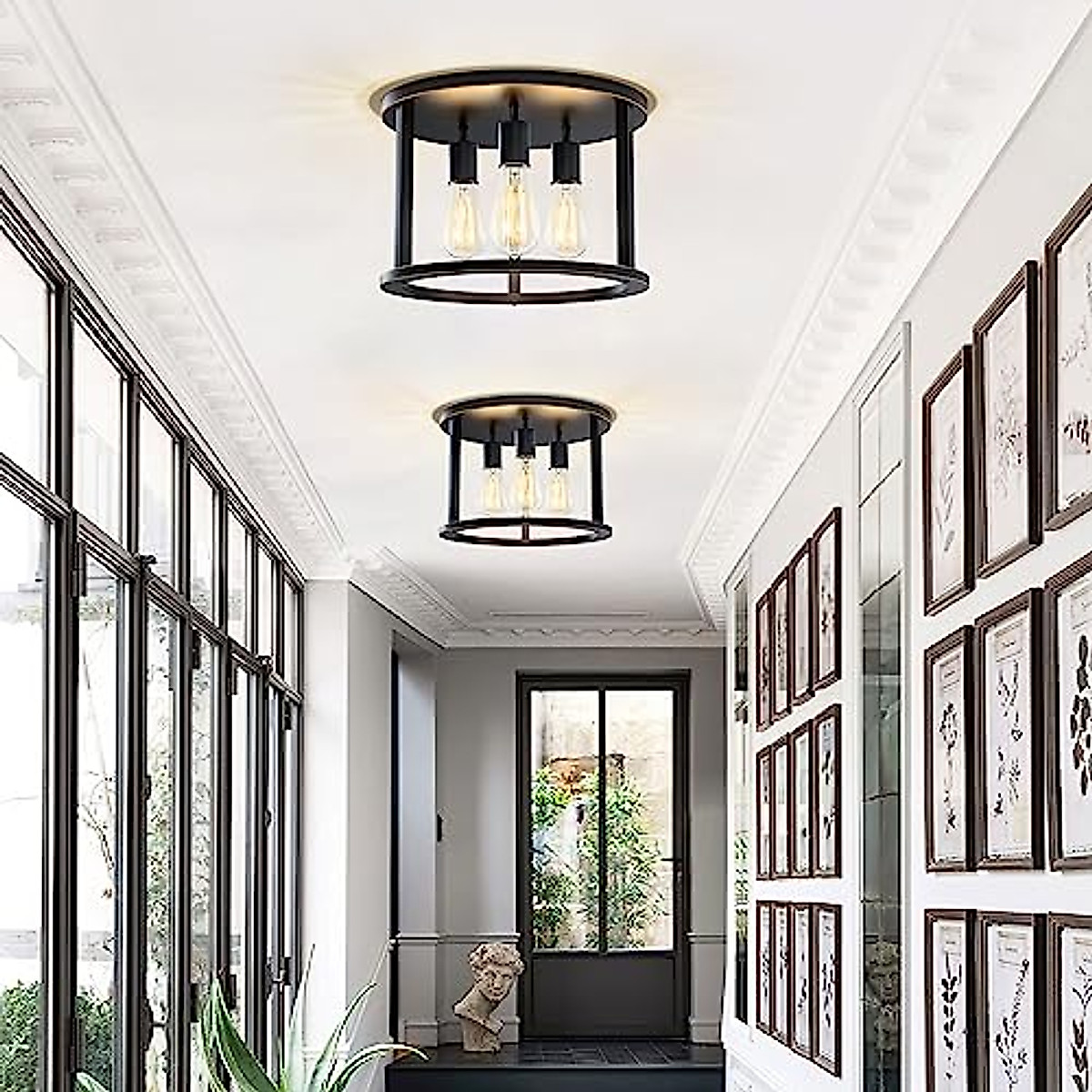 APOTO 3-Lights Semi Flush Mount Ceiling Light Fixture,Black Hallway Light Fixture,Industrial Light Fixture Ceiling Mount,Farmhouse Close to Ceiling Lamp for Entryway Kitchen,Bulb not Included, 2 Pack