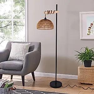 Boho Arc Floor Lamp with Remote, Rattan Farmhouse Standing Lamps with Dimmable LED Bulb, Modern Black Tall Lamp with Woven Shade for Living Room Office Bedroom, App Control, Height Adjustable