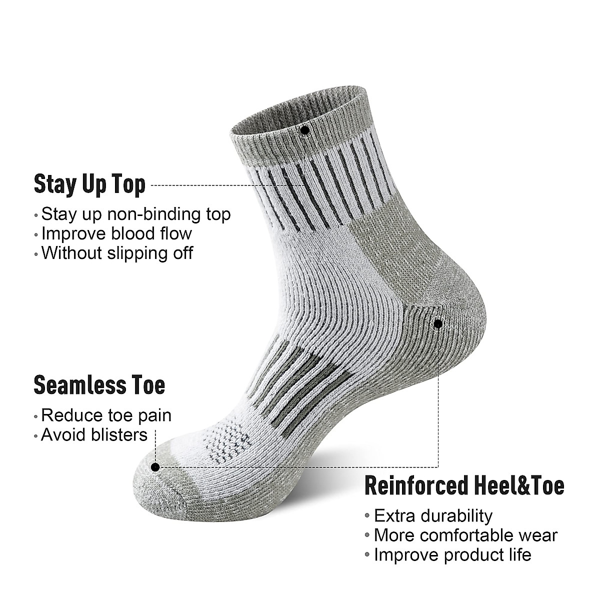 ECOEY Men's Merino Wool Cushioned Hiking Trekking Socks 4 Pairs, Quarter Length with Moisture Wicking (Smoke Green, US Shoe Size: Men 8-11.5/Women 9-13.5)