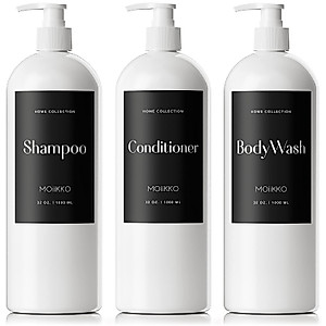 MOIIKKO 32oz Refillable Shampoo and Conditioner Dispenser Bottles - Set of 3 Empty Shampoo Conditioner Body Wash Dispenser with 8 Waterproof Labels