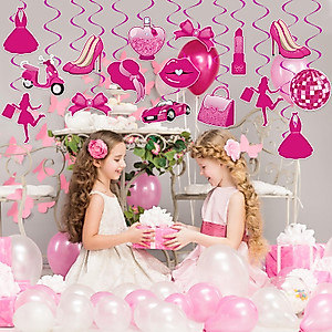 48 Pieces Princess Party Hanging Decorations, Hot Pink Girls Party Hanging Swirls Princess Hanging Streamers Girls Party Swirls Decor for Bachelorette Princess Bridal Shower Party Supplies
