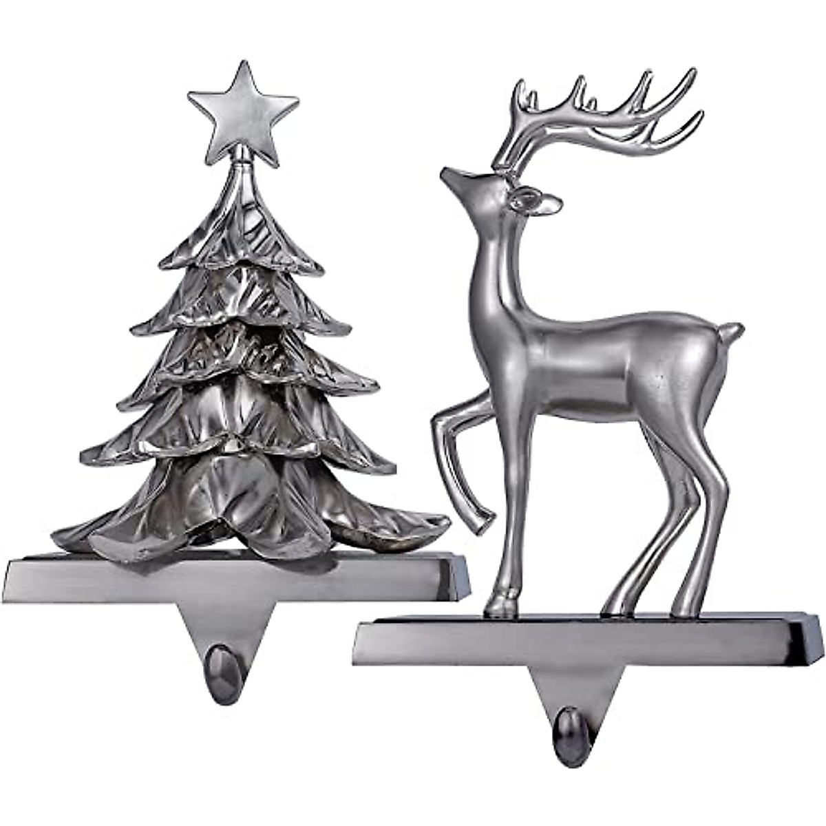 Stocking Holder Set of 2 -Tree Christmas Reindeer Stocking Hanger for Mantel -3D Metal Deer Christmas Stocking Holder for Fireplace Mantle - Heavy Stocking Holder for Mantle with Hook (Antique Silver)