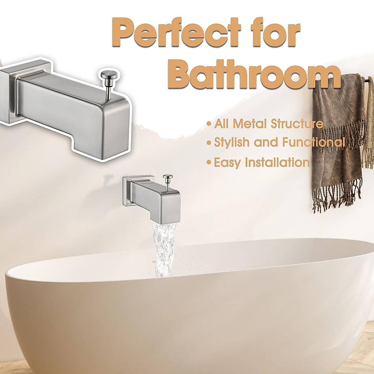 YASINU Slip On Diverter Tub Spout, Sleek Square Design for Bathroom, Fits 1/2" Copper Pipe (5/8" OD), Child-Safe Rounded Edges, Easy Installation, Brushed Nickel