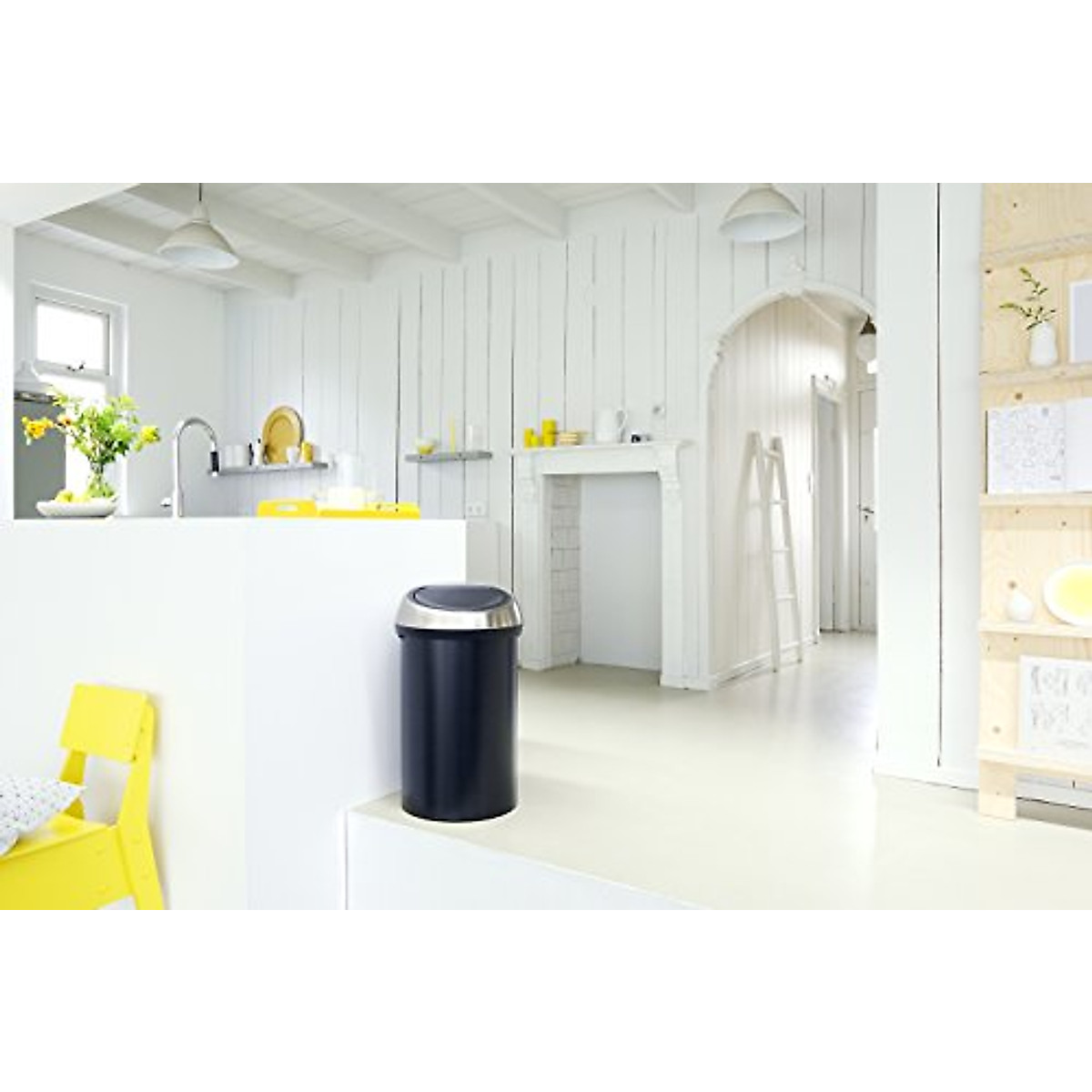 Brabantia 16 Gallon Large Kitchen Touch Top Trash Can (Matt Black/Brilliant Steel Lid) Removable Lid, Soft-Touch Open Garbage Can