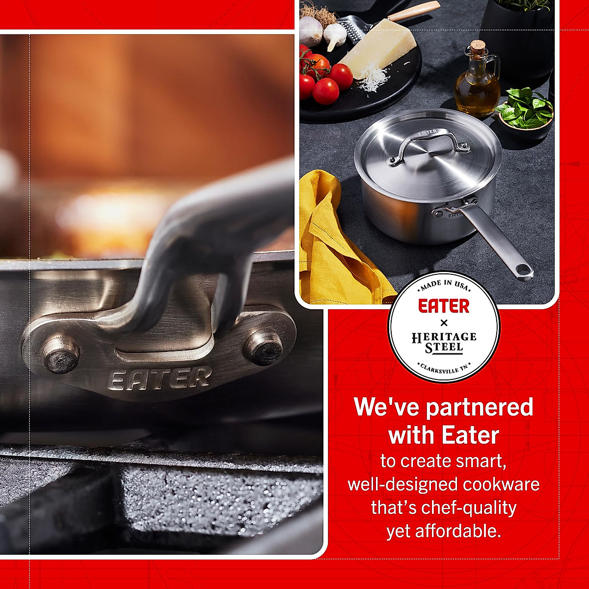 Heritage Steel x Eater 3 Qt Saucepan with Lid | Made in USA | 5-Ply Fully Clad Stainless Steel Saucepan | Stay Cool Handle Design | Induction Compatible | Non-Toxic Sauce Pan | Cook like an Eater