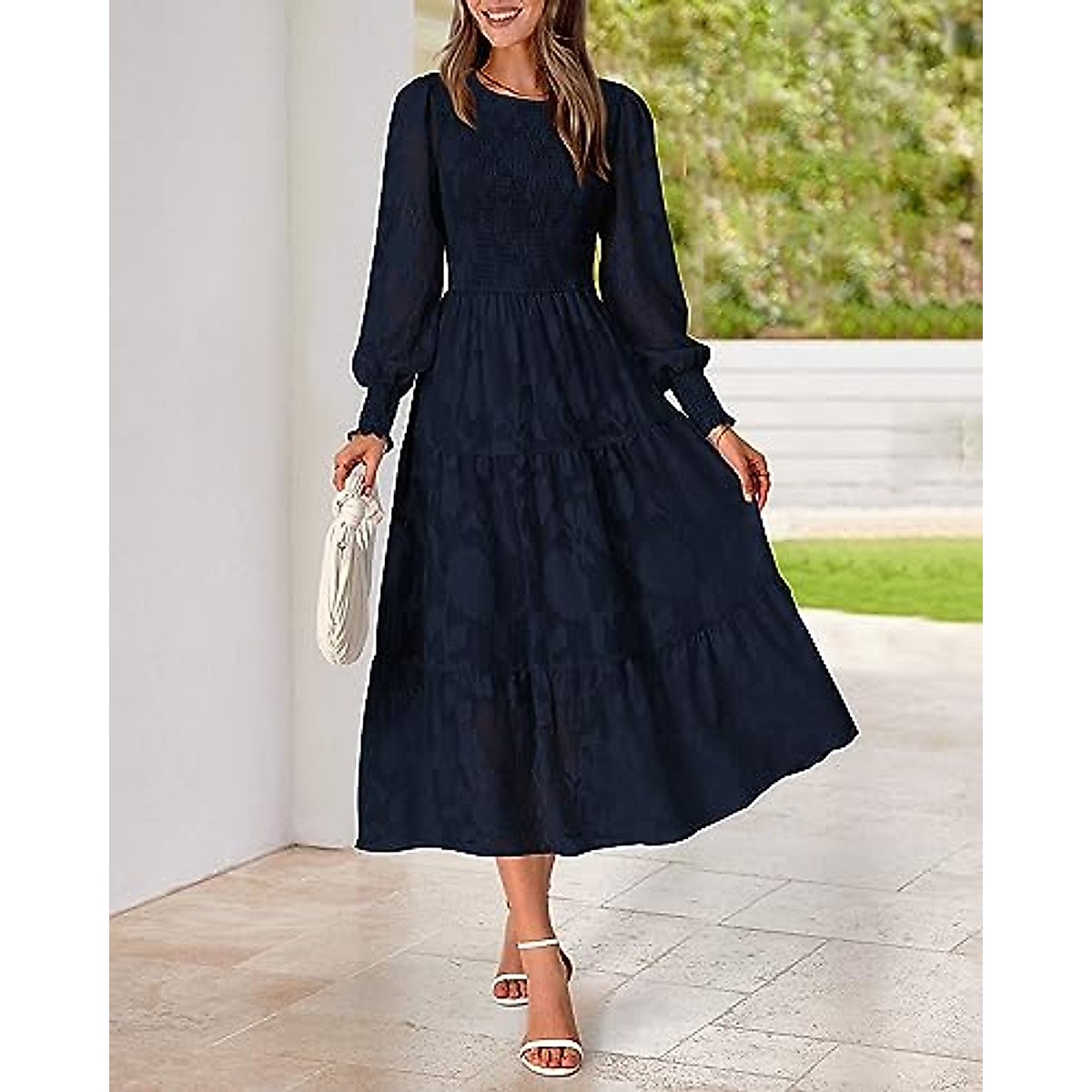 BTFBM Casual Women's 2023 Fall Dresses Elegant Wedding Guest Dress Long Sleeve Floral Midi Dress Flowy Bohemian Long Dress(Navy,Large)