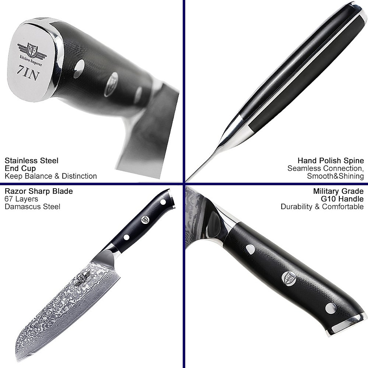 Kitchen Emperor Santoku Knife, Damascus Kitchen Knife, Professional Chef Knife with Comfortable G10 Handle Full Tang