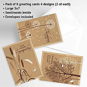 Kraft Sympathy Greeting Cards - Set of 8 (4 designs), Large 5" x 7", Sympathy Cards with Sentiments Inside, Includes White Envelopes…