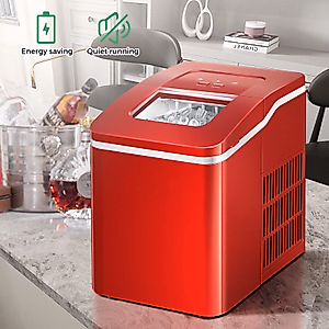 MAT Expert Countertop Nugget Ice Maker, 26LBS/24H, 9 Cubes in 8 Min, Bullet-Shaped Ice Makers, 1.6L Water Tank & 1.6L Bucket, Scoop, Self-Clean Compact Tabletop Ice Maker for Home/Bar/Office (Red)