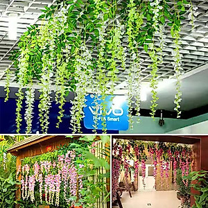 Kmorenew White Wisteria Hanging Flowers - 12 Pack 3.6 Feet/Piece Artificial Fake Wisteria Vine Rattan Hanging Garland Silk Flowers String for Home Party Wedding Garden Outdoor Décor
