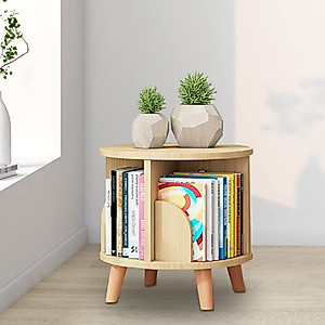 TrueyEssence 360° Rotating Wood Bookshelf, Freestanding Bookcase with 4 Compartments Multi-Functional Storage Shelf with Legs Mini Side Table 1 Tier Display Rack for Living Room Study Office