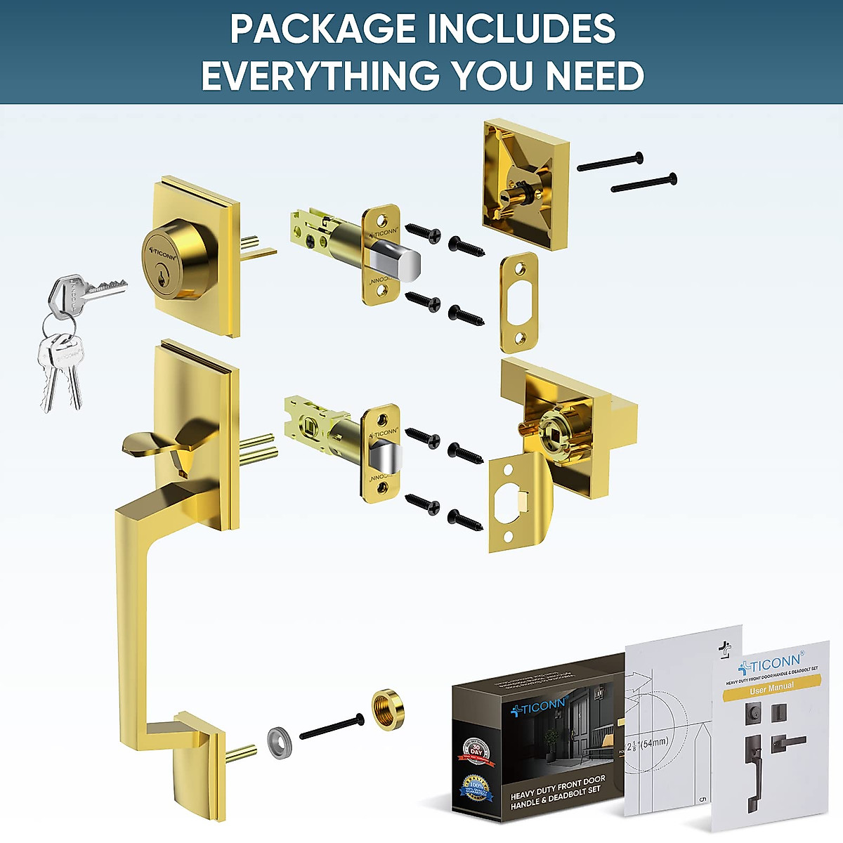 TICONN Front Door Handle Set, Heavy Duty Square Door Lever & Single Cylinder Deadbolt Combo Reversible for Entrance Exterior Doors (Polished Brass)