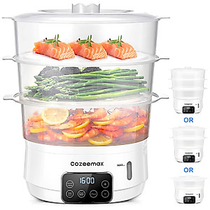 Cozeemax Electric Food Steamer for Cooking, 13.7QT Digital Vegetable Steamer 800W with 3 Tiers BPA Free Dishwasher Safe Lids and Stackable Baskets, Auto Shut-off, Boil Dry Protection (White)