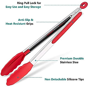 7"+9"+12" Silicone Kitchen Tongs Set, Cooking Tongs with Silicone Tips and Stainless Steel Handle, Heat Resistant Tongs for Grilling Cooking Barbecue Buffet Salad Serving, 7/9/12 Inches (Multicolor)