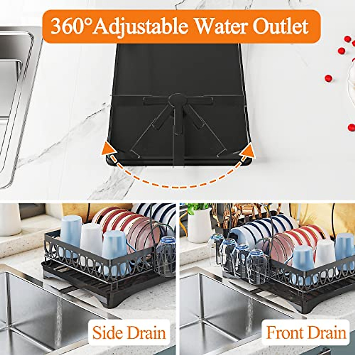 GILLAS Dish Drying Rack, 2 Tier Dish Racks for Kitchen Counter, Kitchen Organization with Large Capacity Dish Drainers & Drainboard, Dish Rack with Utensils & Glass Holder, Black