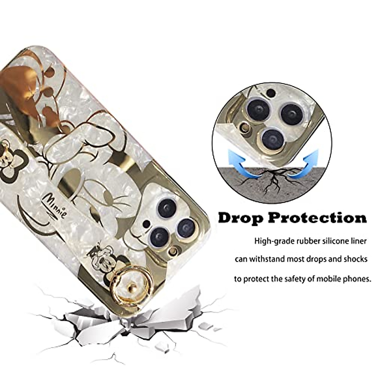 Hosiss Cartoon Case for iPhone 14 Pro Max 6.7" with HD Screen Protector, Minnie Mouse with Wrist Strap Kickstand Metal Chain Strap Soft TPU Shockproof Protective for Girls Women