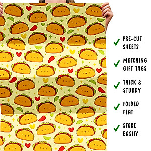 CENTRAL 23 Yellow Wrapping Paper - 6 Sheets of Birthday Gift Wrap - Cute Taco - Mexican Food Themed - For Women Girls Teenagers - Recyclable