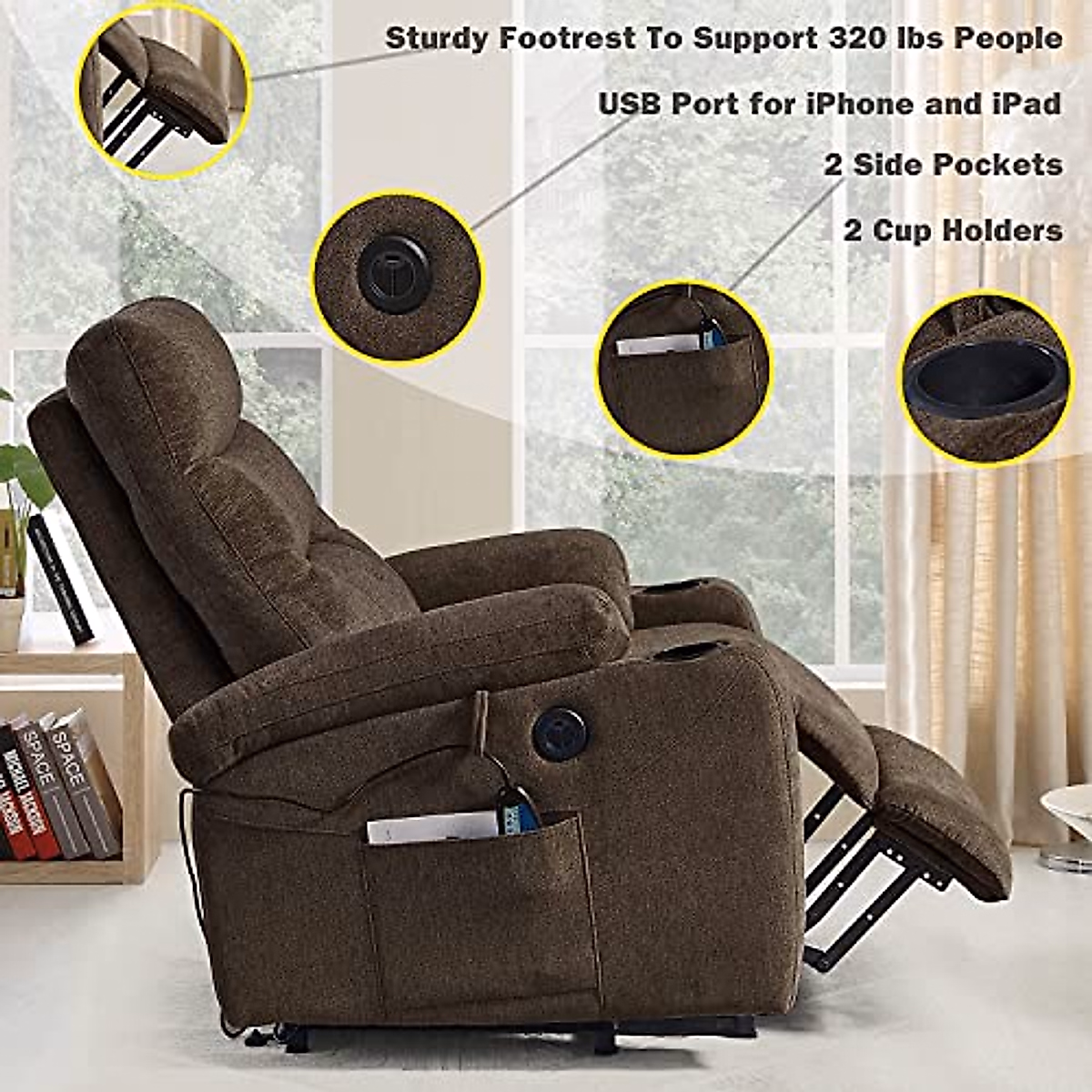THIHOME Electric Power Lift Recliner Chair Sofa with Massage and Heat for Elderly, 3 Positions, 2 Side Pockets and Cup Holders, USB Ports, High-end Quality Fabric for Home Living Room Bedroom, Brown