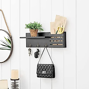 Danya B. Entryway Utility Wall Shelf with Pocket and Hanging Hooks (Black)