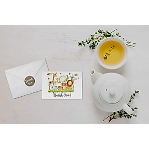 36 Safari Thank You Cards Boxed With Envelopes and Stickers, Kids or Baby Shower Thank You Note, Jungle Greenery Gold 4x6 Varied Zoo Animal Giraffe Gratitude Card Pack For Party, Girl Boy Children Birthday Stationery