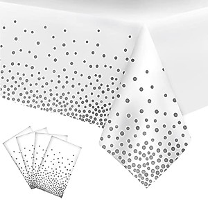 Paready White Silver Plastic Tablecloth 4 Pack 54" x 108", White Disposable Tablecloth with Silver Dot Confetti, Rectangular Plastic Table Cover for Parties, Birthday, Wedding, Graduation, Anniversary