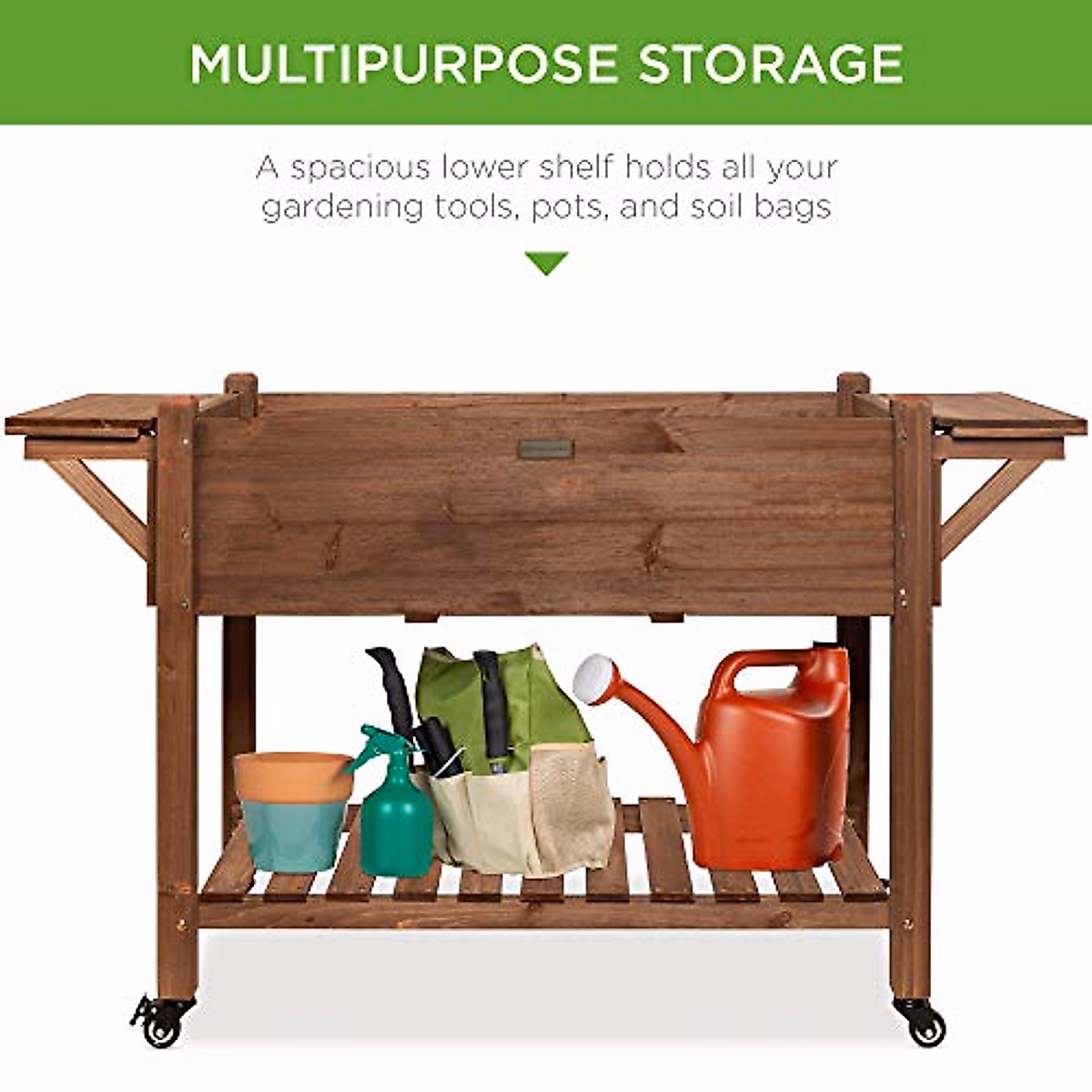 Best Choice Products 57x20x33in Mobile Raised Garden Bed Elevated Wood Planter Box Stand for Backyard, Patio w/Folding Side Tables, Locking Wheels - Brown