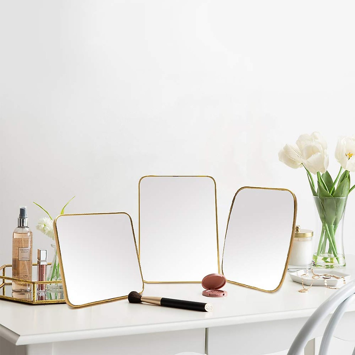 YEAKE Desk Table Stand Mirror for Make Up,Gold Hanging Wall Mirror Office with Metal Frame & Simple Bracket Can Be Assembled.(Rectangle)