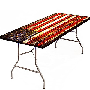 Elastic Fitted Tablecloth, American Flag Symbolism Over Old Rusty Tones Weathered Vintage Social Plank Rectangle Table Cover, Waterproof Table Cloth for Outdoor Picnic Camping Parties, 30x72 Inch