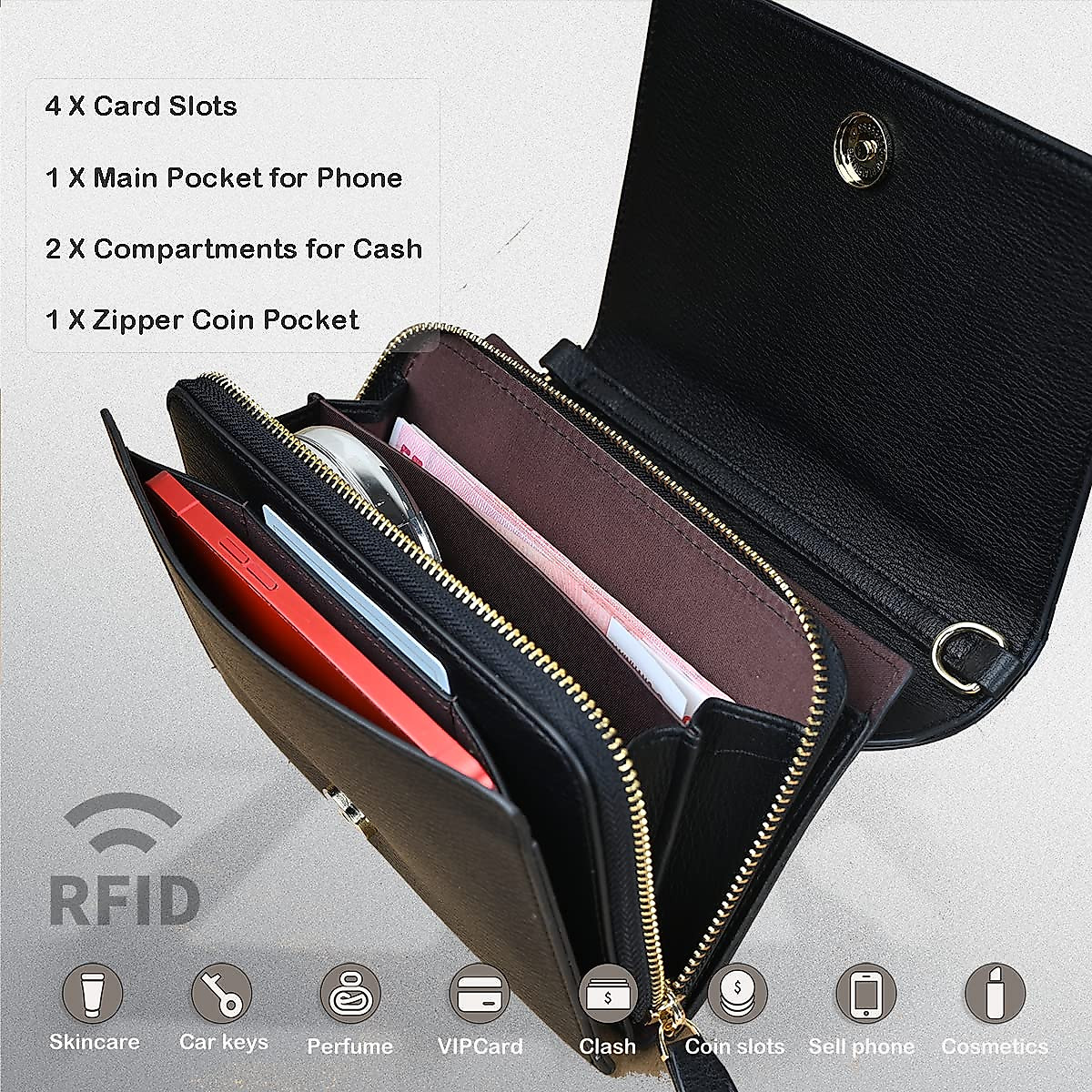 Geermolan Crossbody Bags for Women, Small Shoulder Bag Cell Phone Wallet Purse and handbags with Card Slots Black